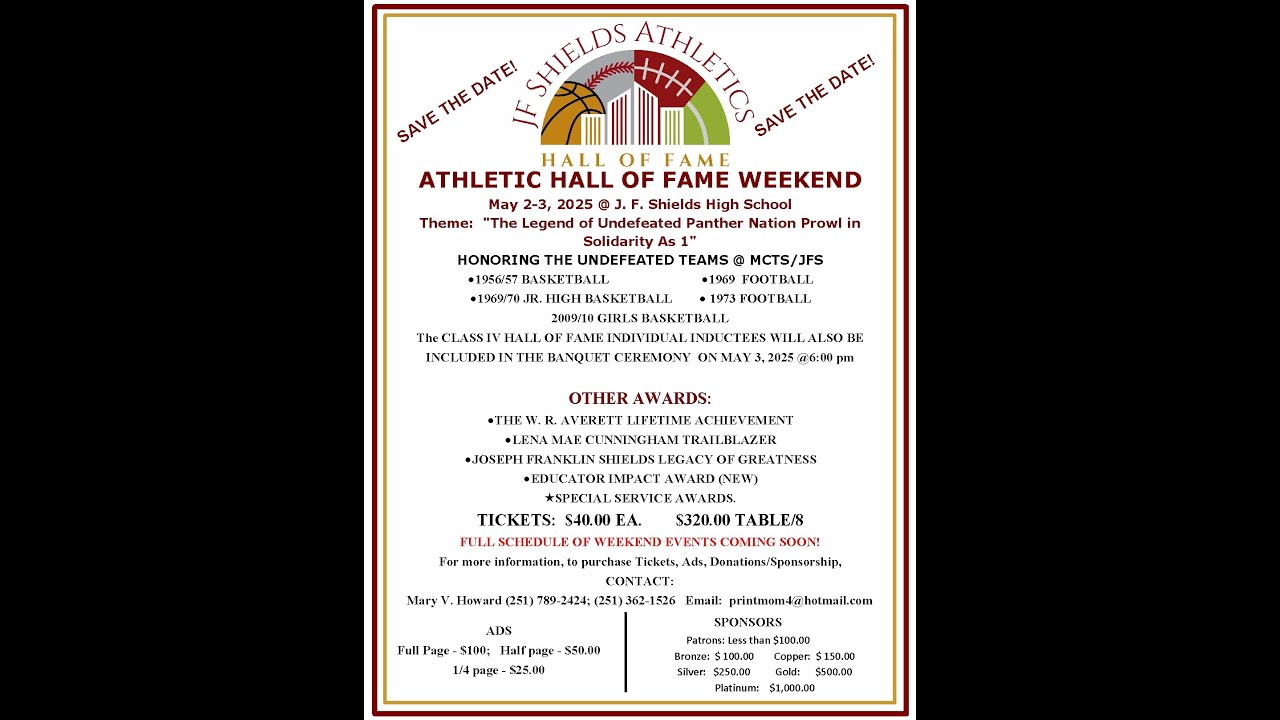 J F SHIELDS HIGH SCHOOL ATHLETIC HALL OF FAME WEEKEND *****MAY 2-3 2025 ...