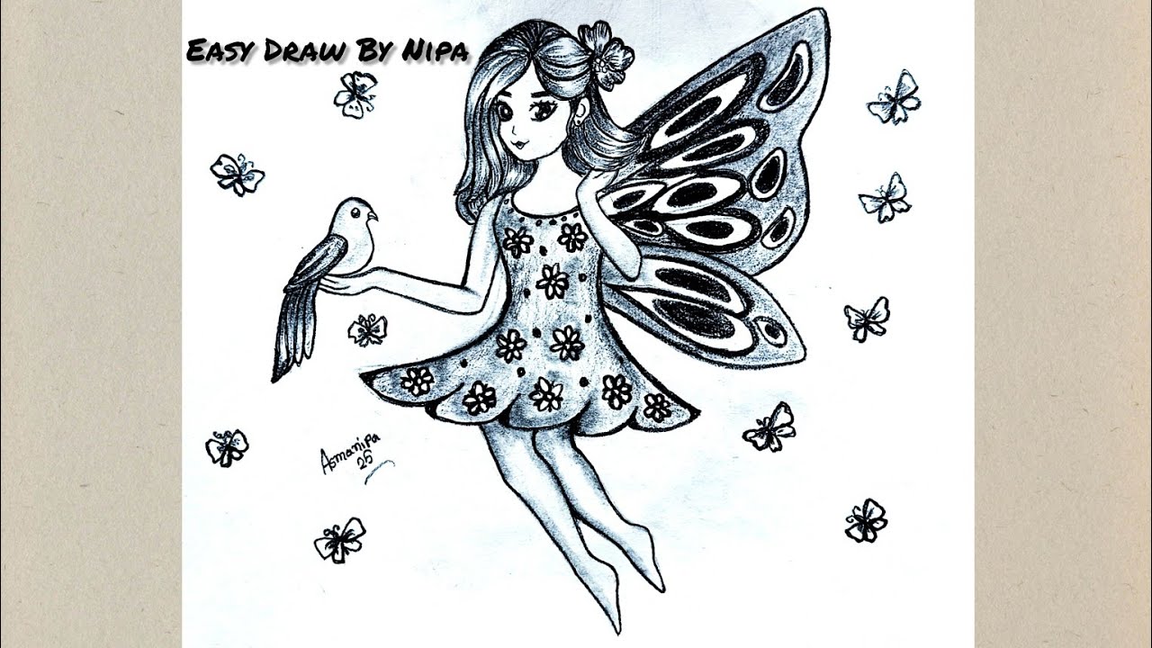 Fairy drawing easy step by step || How to draw fairy || Pencil sketch ...