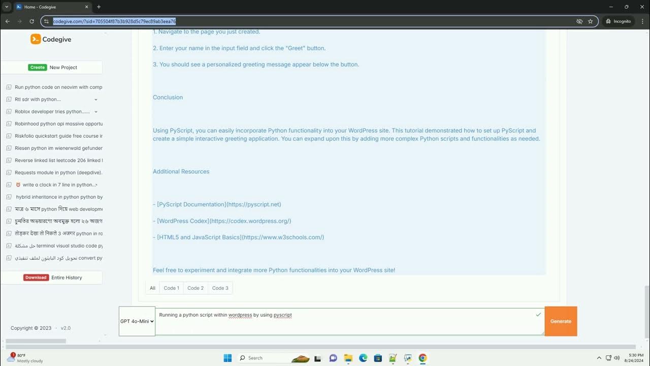 Running a python script within wordpress by using pyscript - YouTube
