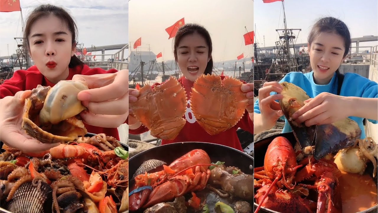 Female fishermen eat large scallops, conch, squid, pipa shrimp#yummy # ...