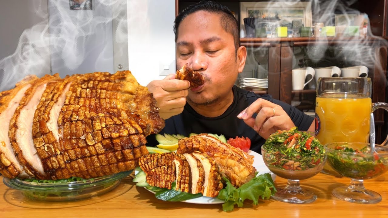 LECHON!!! SUPER CRISPY PORK BELLY!!! Mukbang. Recipe. THAI STYLE ...