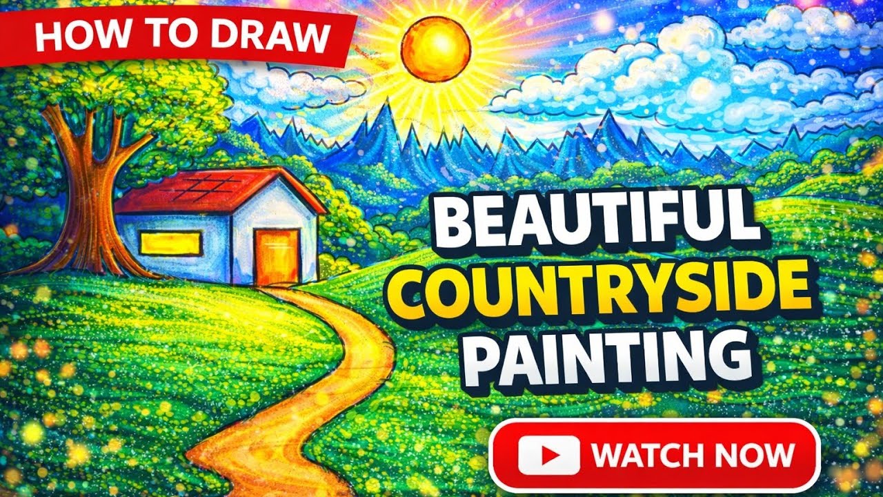 How to Draw a Beautiful Countryside Painting 🌿 | Easy Village Scenery ...