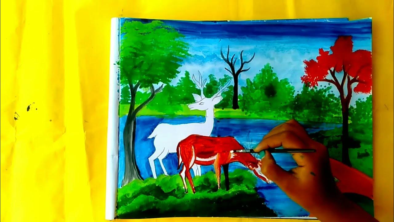 How to draw deer with forest scenery | Deer painting with water colour ...