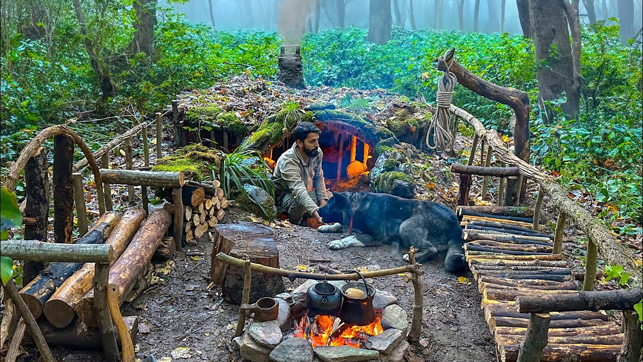 Building UNDERGROUND Bushcraft Shelter for SURVIVAL. Clay Fireplace ...