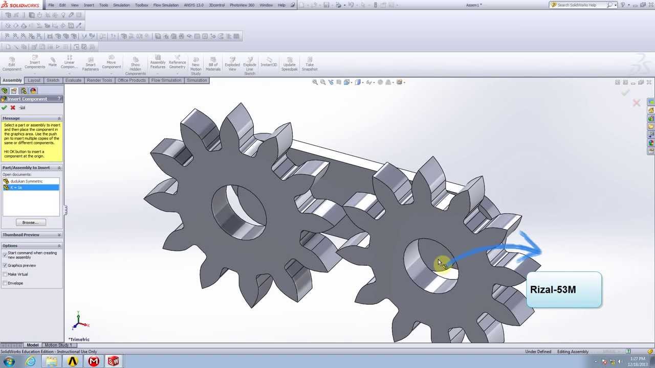 Tutorial solidworks - gear mesh Assembly tangen contact - YouTube