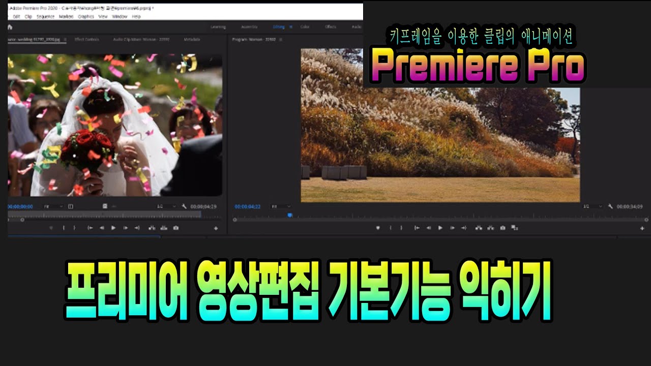 프리미어 영상편집 기초 익히기 키프레임 을 이용한 클립의 애니메이션 기능 영상 하단 에 자막 제공 Adobe Premiere