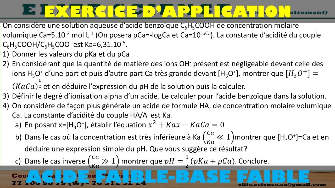 (TS/PC)📽 EXO D'APPLICATION: ACIDE FAIBLE-BASE FAIBLE-REACTION ACIDE ...