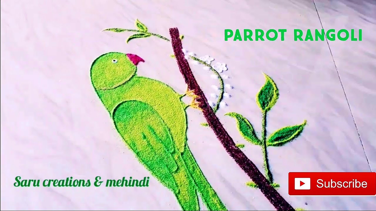 Beautiful parrot rangoli //colourful parrot rangoli art//how to draw ...