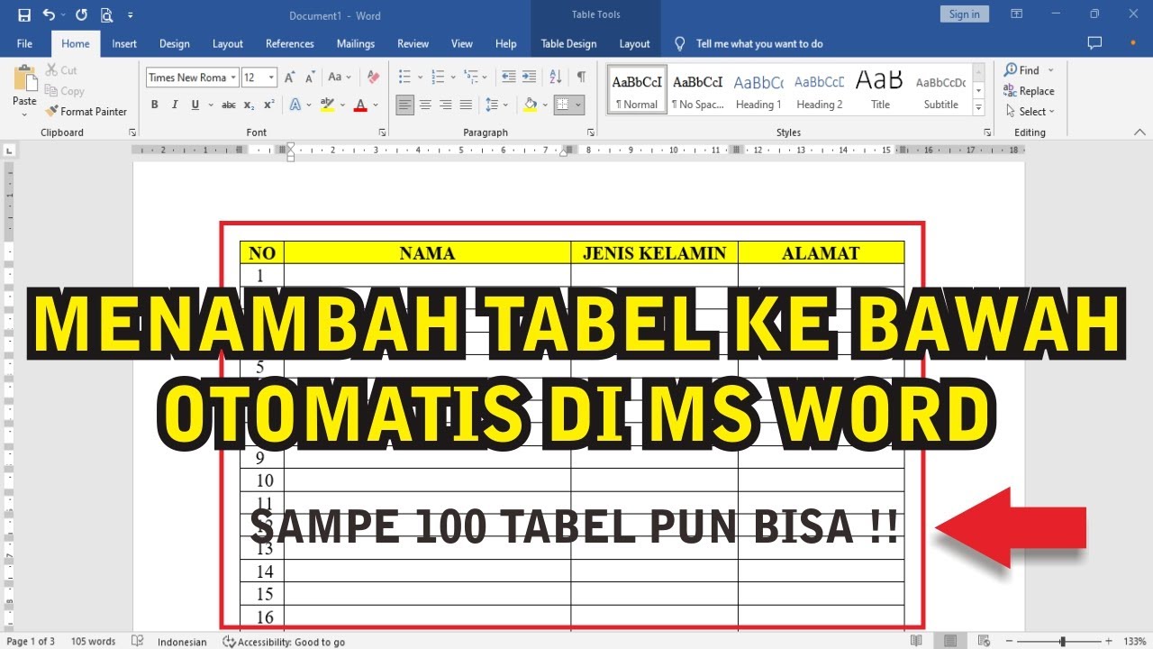 CARA MENAMBAH TABEL KE BAWAH OTOMATIS DI MICROSOFT WORD - YouTube