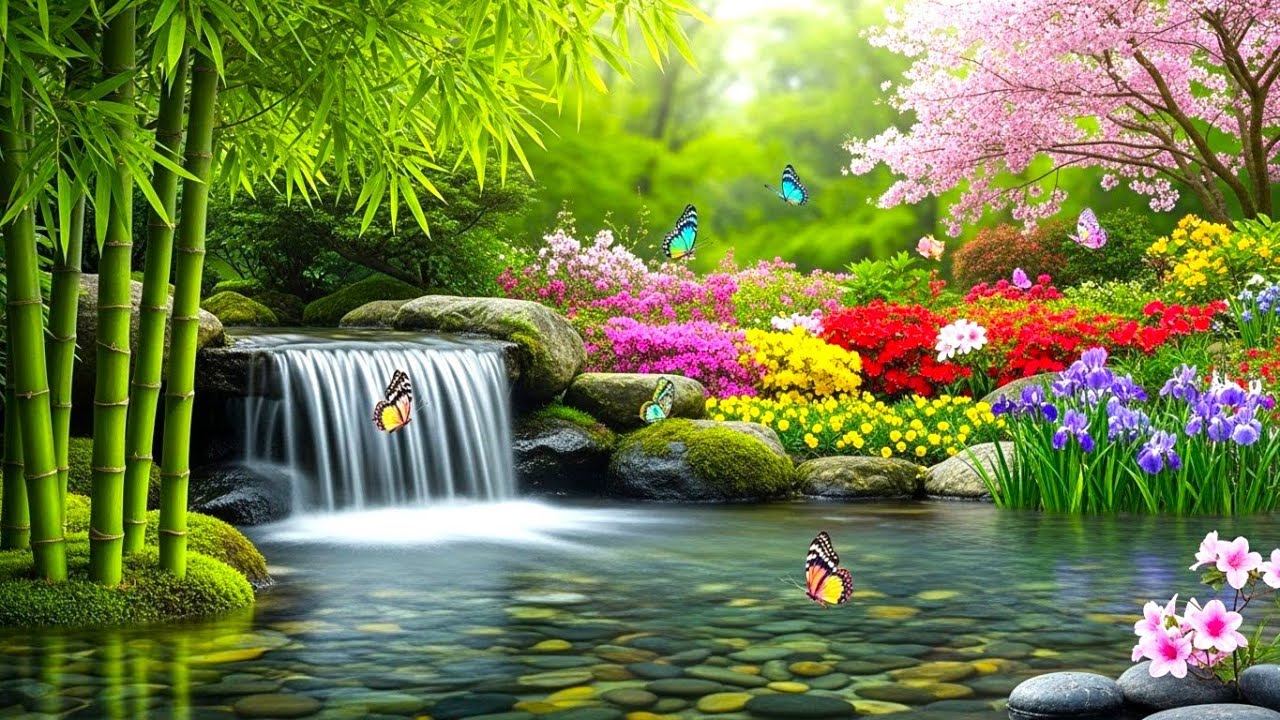 BAMBOO WATERFALL ZEN 🌿 Flowing Water & Peaceful Garden Deep Relaxing ...