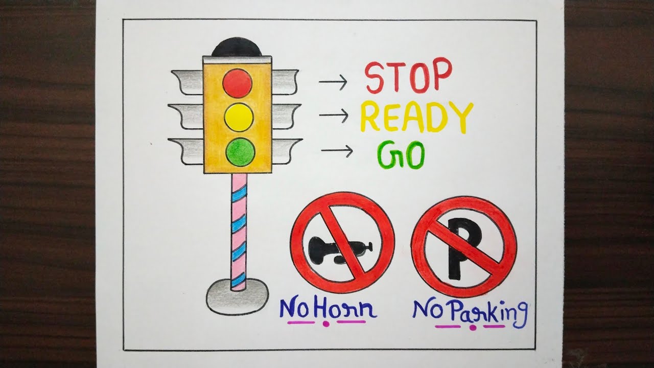 How to Draw Traffic Light / Traffic Signal Drawing / Road Safety ...