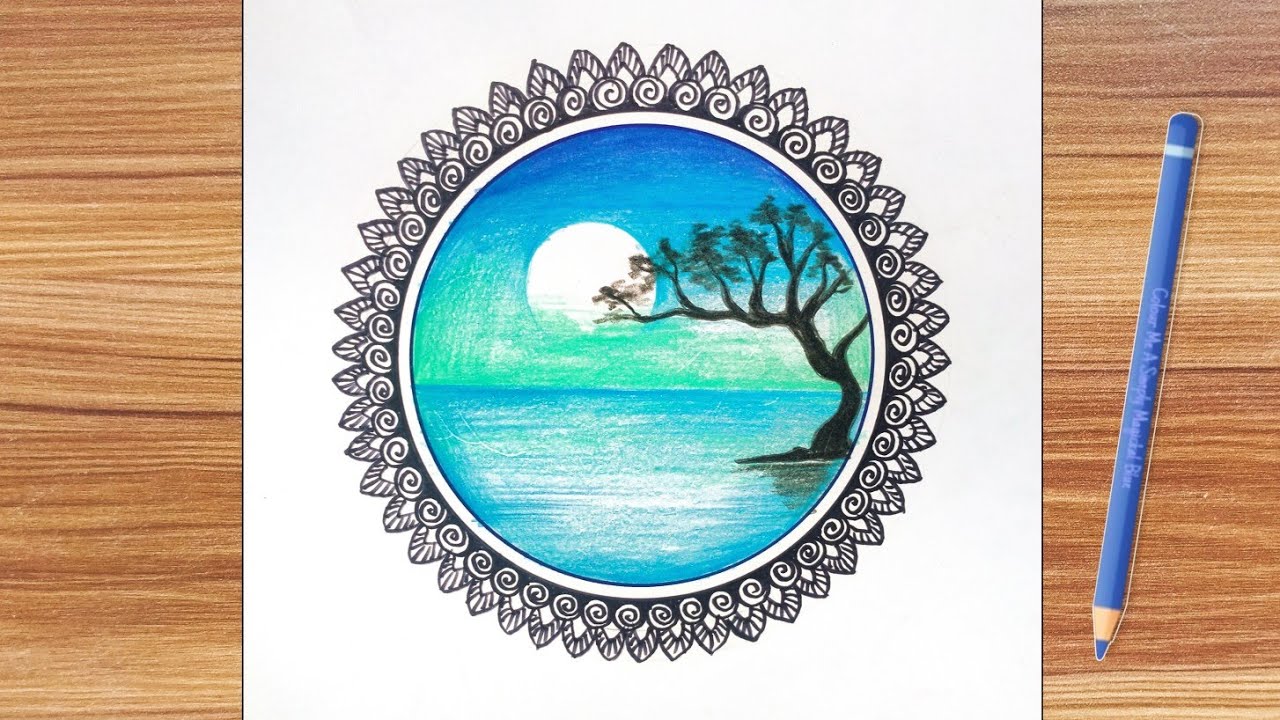 How to draw a beautiful circle scenery || Scenery drawing with colour ...