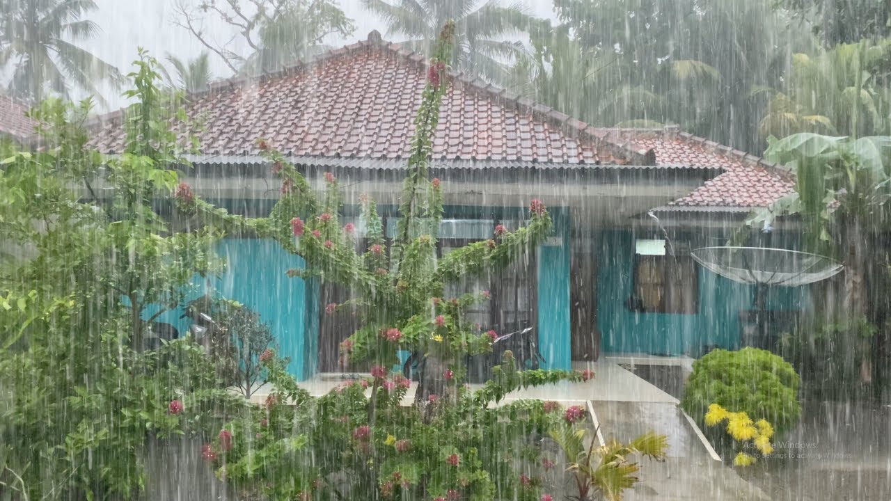 Walking During Heavy Rain and Super Loud Lightning in a Small Village ...
