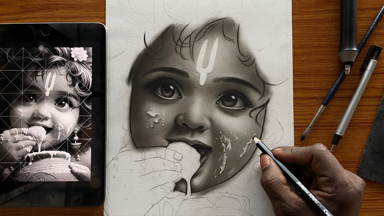 Hyper Realistic Drawing Tutorial of Sri Krishna || step-by-step ...