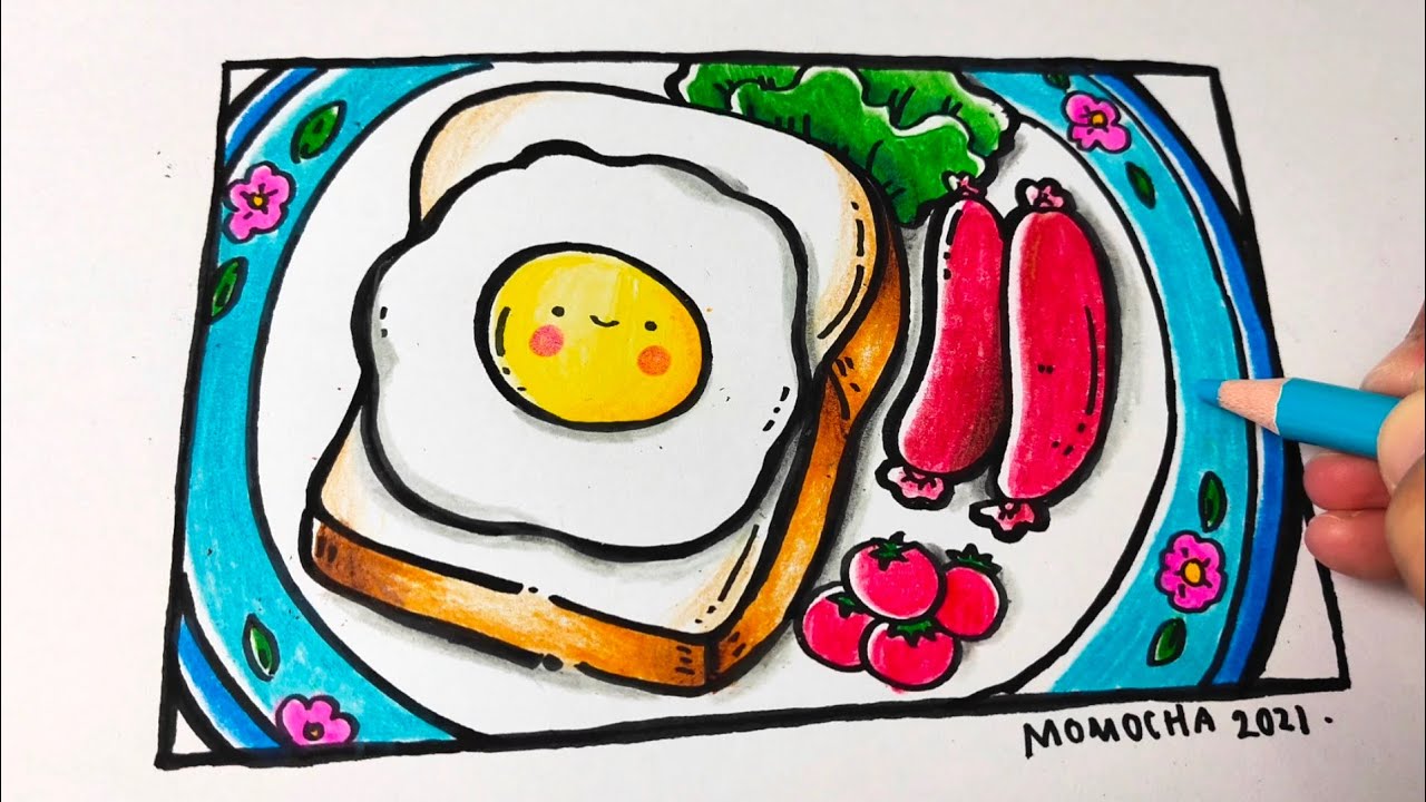 How to draw breakfast with color pencil | Cara menggambar sarapan pagi ...