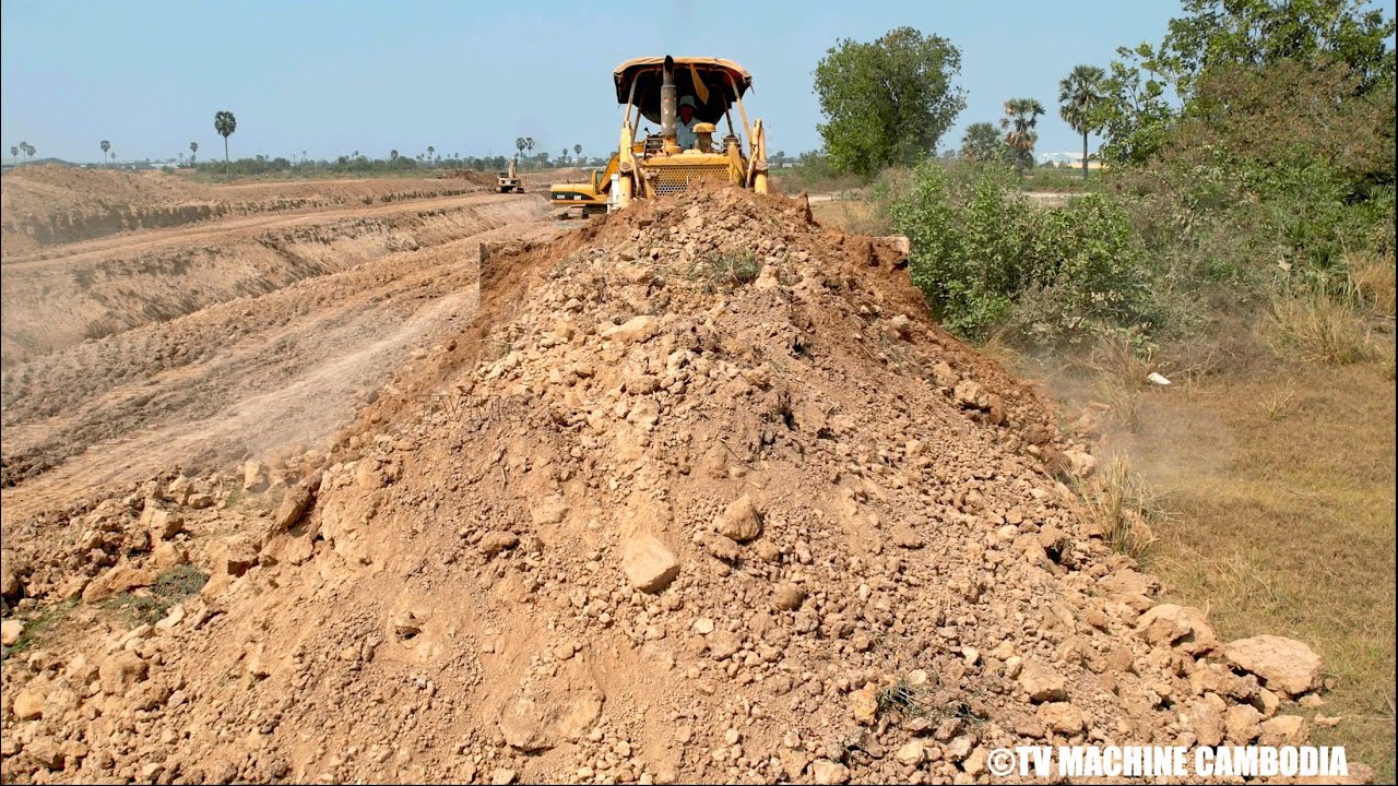 Wonderful Showing Construction Project Canal Using Bulldozer Pushing ...
