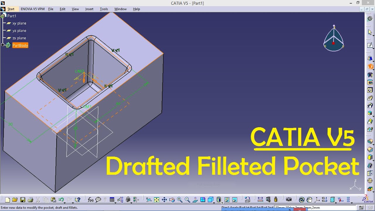 Drafted Filleted Pocket in CATIA V5 | CATIA Practice | CAD Designs ...