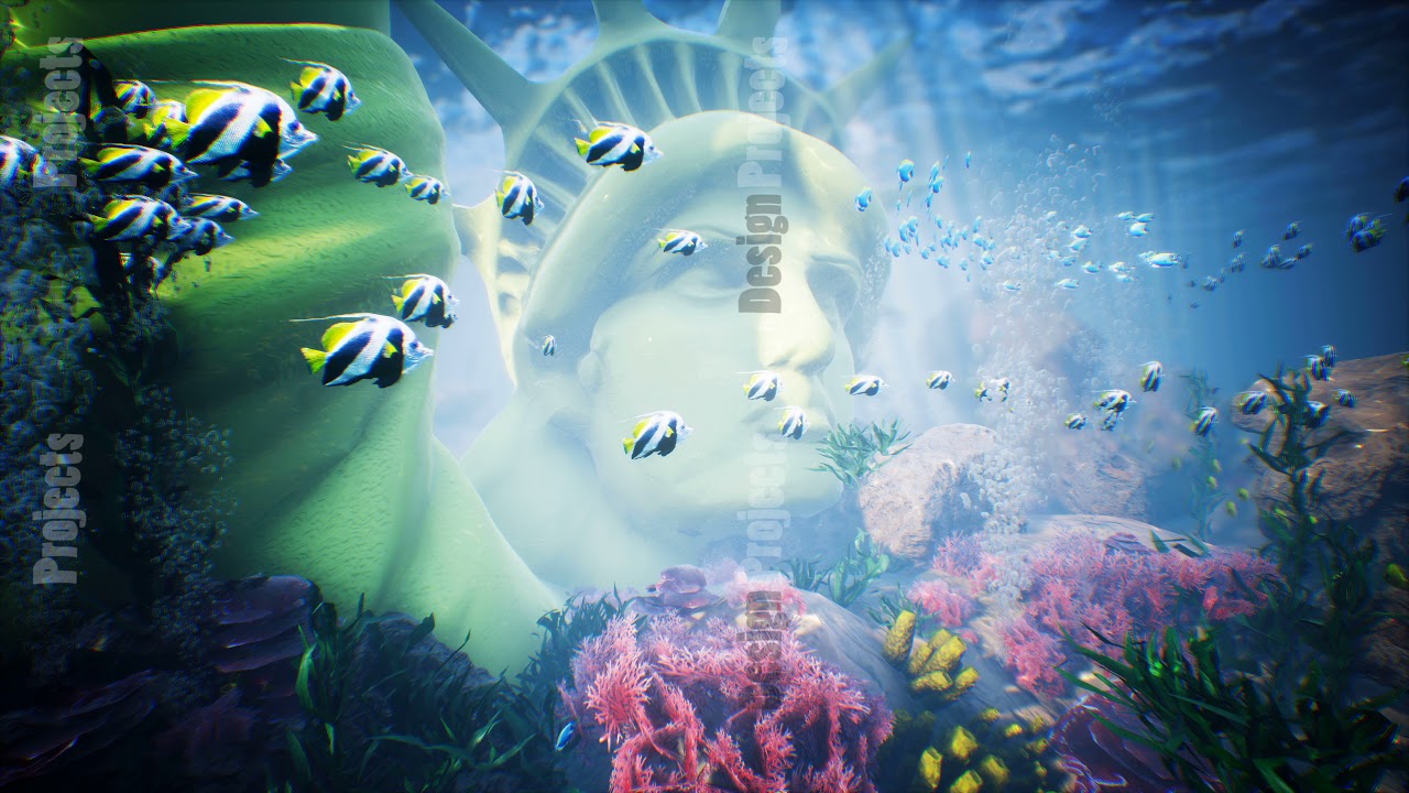 Underwater ocean waves ripple with tropical fish and statue of liberty ...