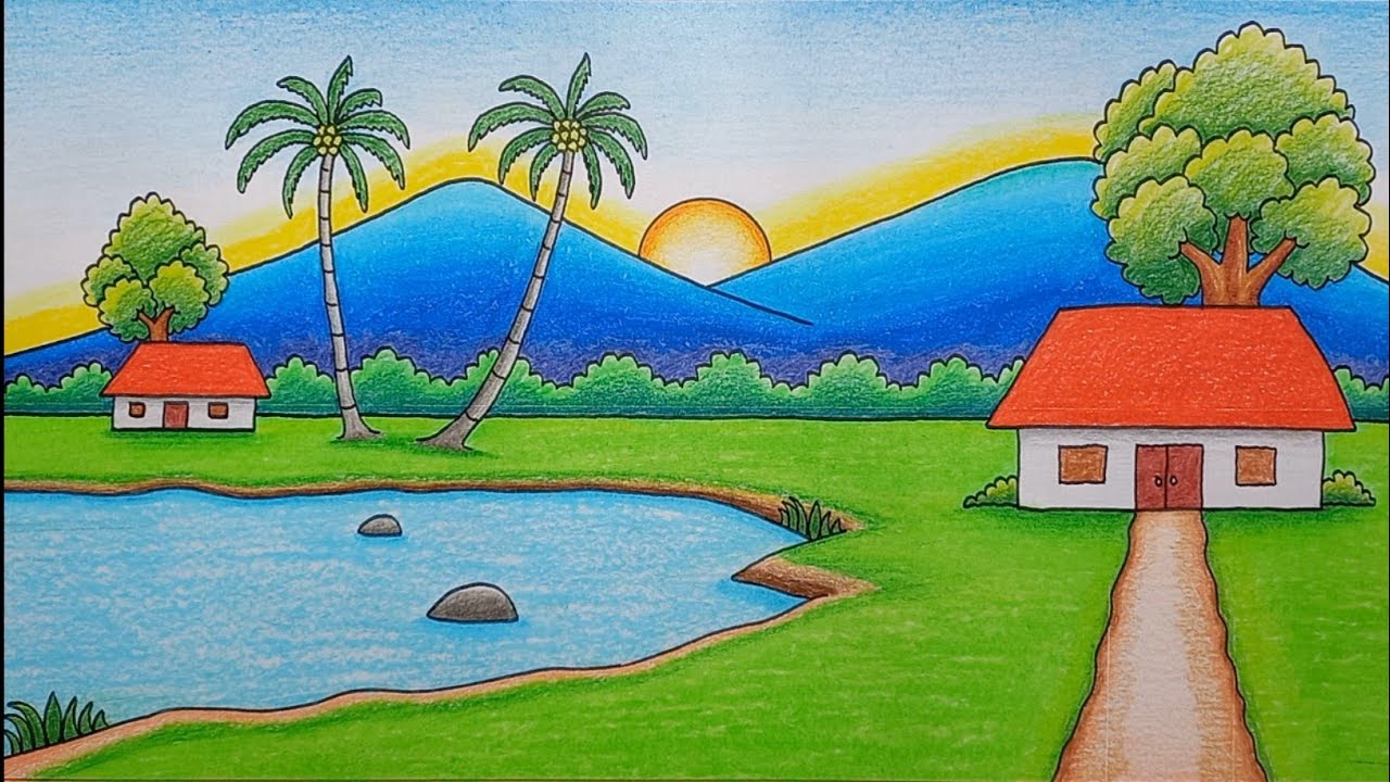 Cara Menggambar Pemandangan Gunung Dan Desa | Mudah Cocok Untuk Pemula ...