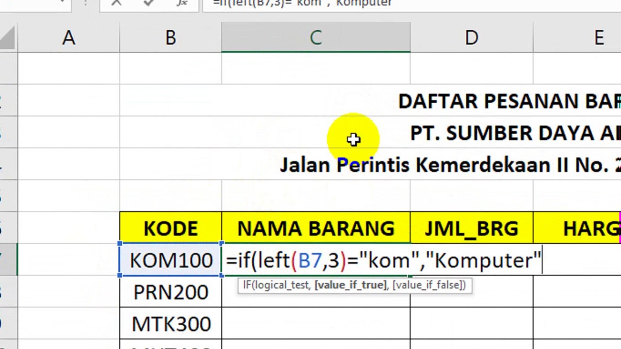 Latihan Soal Excel SMA Pemesanan Barang 5 IF - YouTube