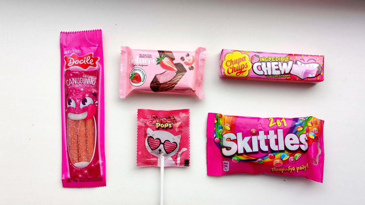 ASMR 🌈 New lots of candies in bright pink packages - YouTube