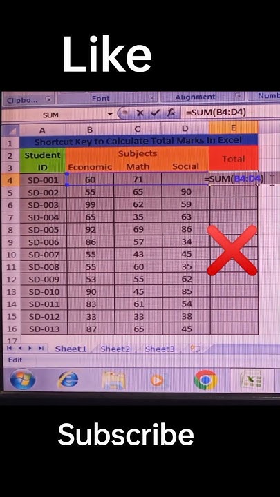 Use shortcut Key of SUM function to Calculate Total Marks in Excel - YouTube
