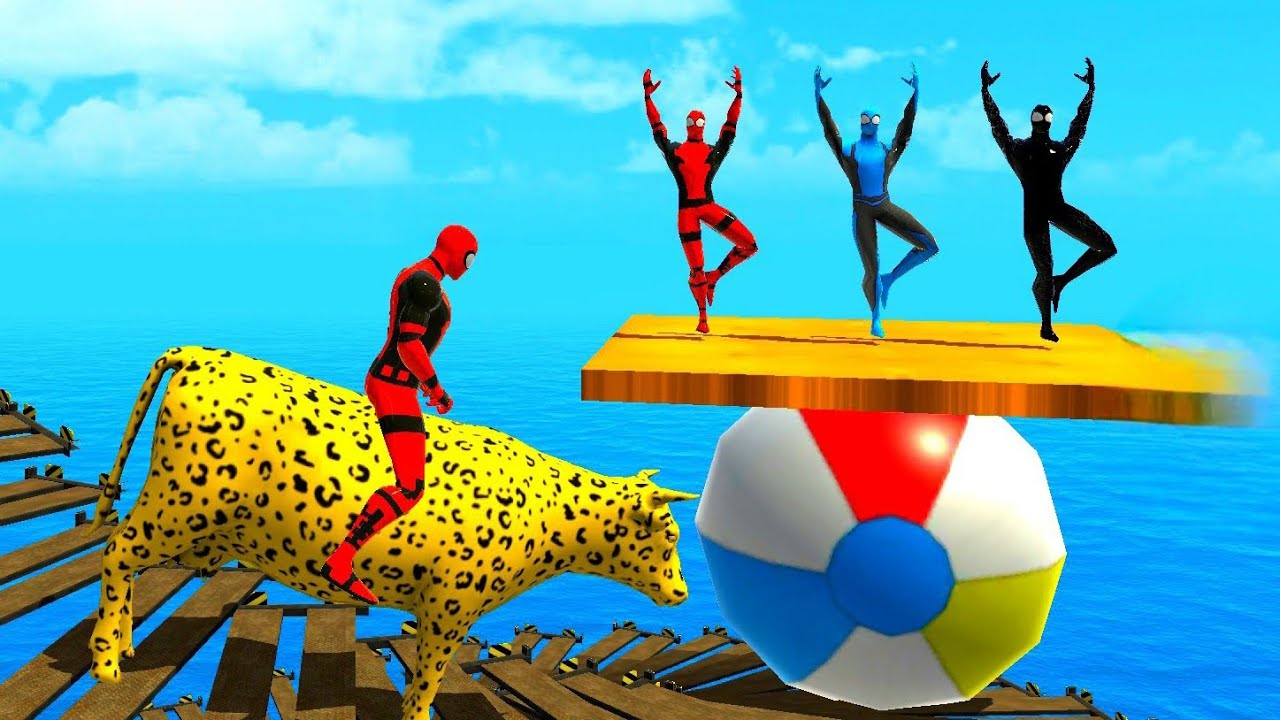 Red spiderman Challenge cow jumping on the bridge stunt (epic fails ...