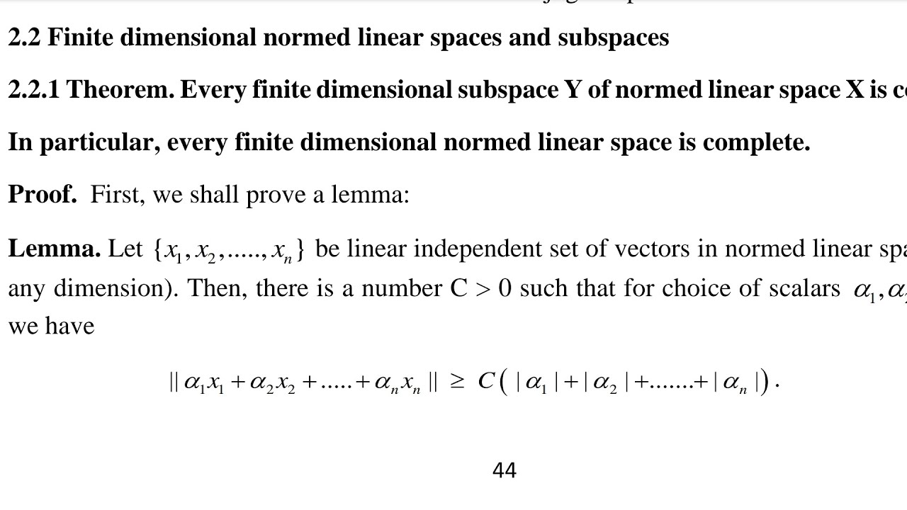 Theorem Every Finite Dimensional Subspace Y Of Normed Linear Space X Is Complete Youtube
