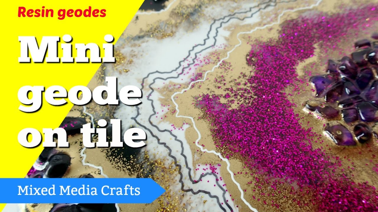 Purple resin geode mini on a ceramic tile with glitter and glass chips ...