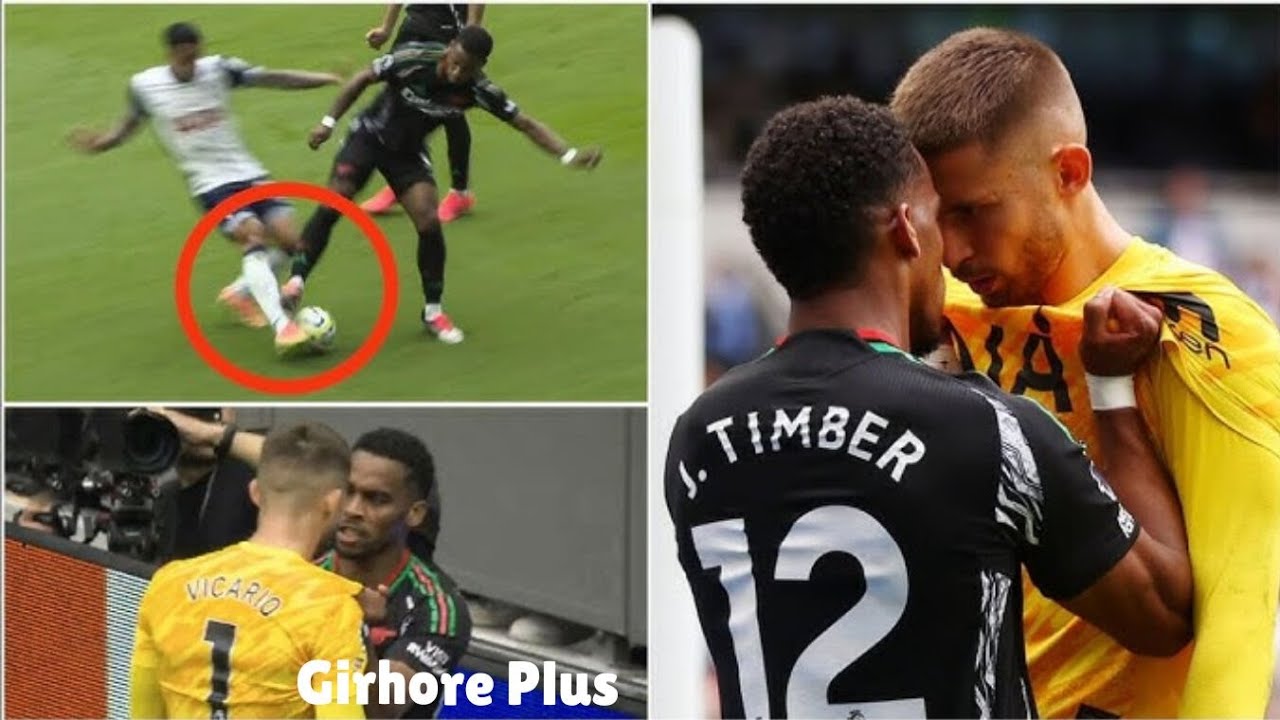 Jurrien Timber red card tackle Pedro Porro before Guglielmo Vicario ...