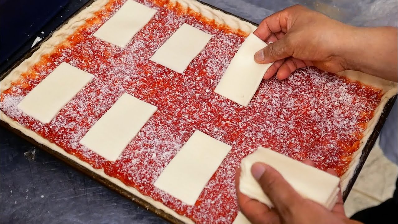 American Food - THIN CRUST SQUARE PIZZA Rizzo’s Pizza NYC - YouTube