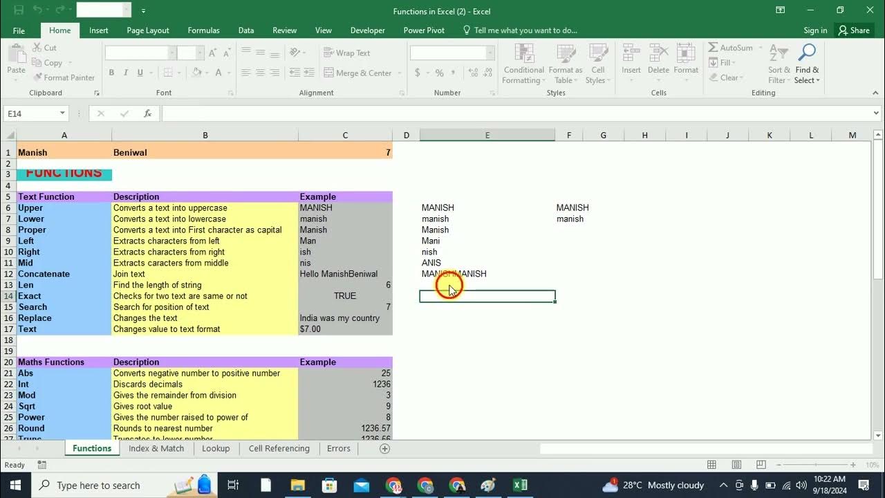Functions in Excel | Excel text and numeric functions | Advance Excel Tutorial in hindi - YouTube
