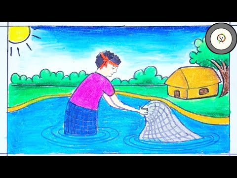 Easy Step by Step Fishing Village Scenery Drawing for Kids | Mahir Art & Craft