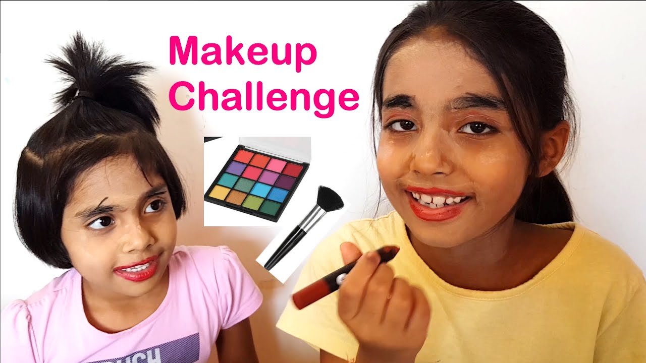 Makeup Challenge No Mirror makeup kids | Kids doing makeup funny video ...