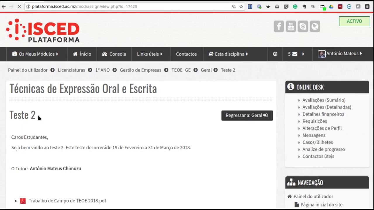 Como acessar o Teste 2 e as Instruções na Plataforma - YouTube
