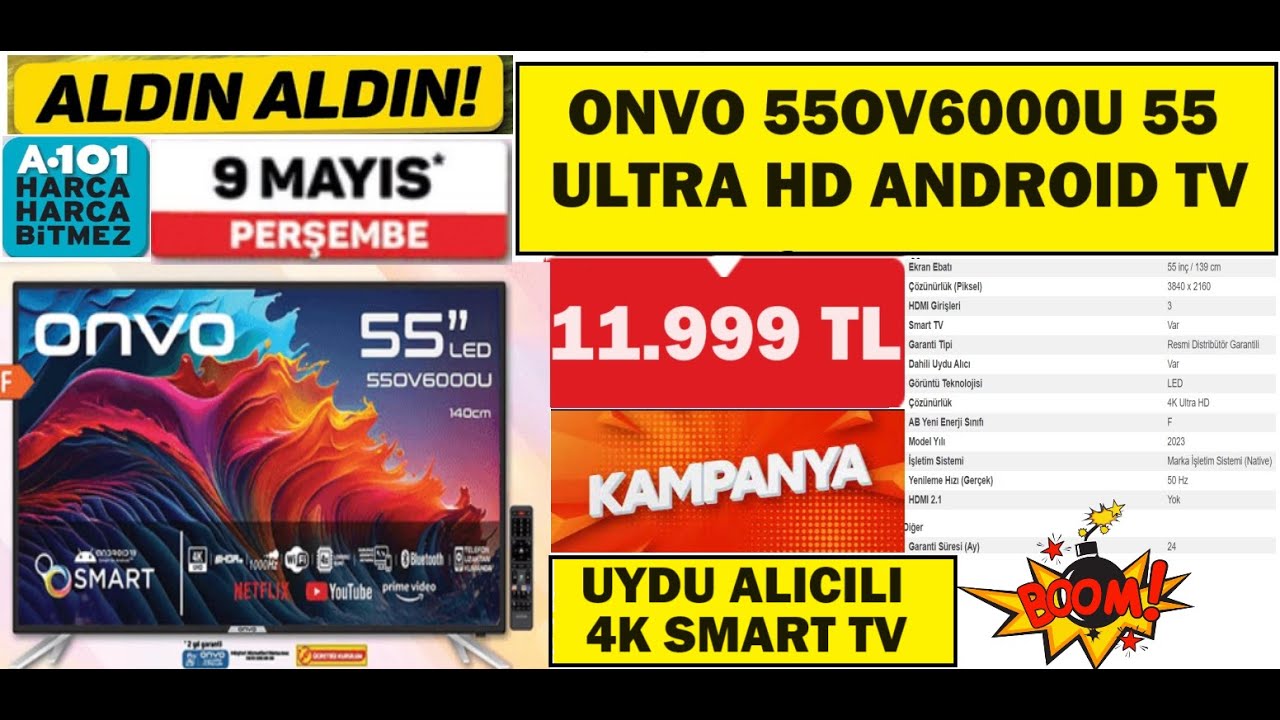 ONVO 55OV6000U 55 EKRAN 4K ULTRA HD ANDROID SMART TV 9 MAYIS PERŞEMBE ...
