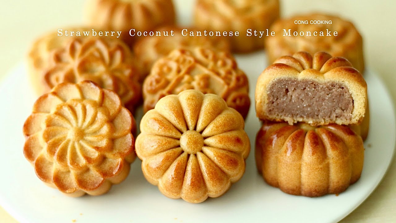 The Best Cantonese Style Mooncake Recipe 🥮 Strawberry Coconut Mooncake ...