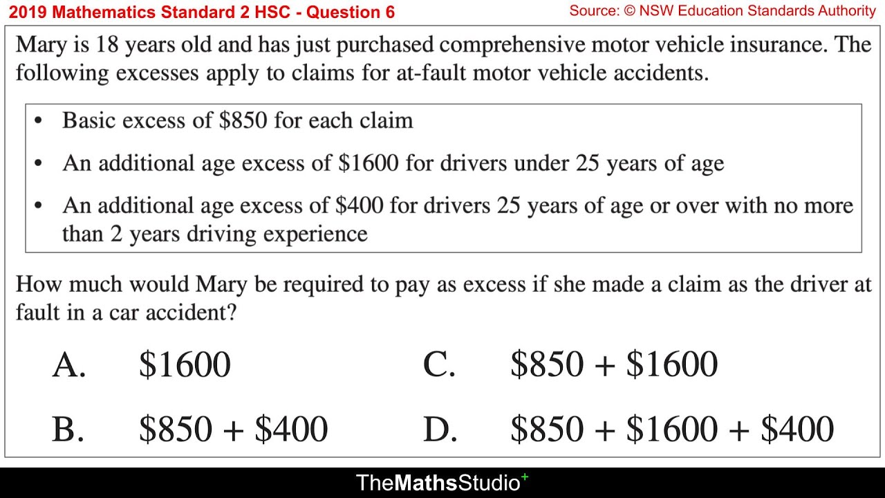 2019 Maths Standard 2 HSC Q6 Find comprehensive insurance excess for at ...