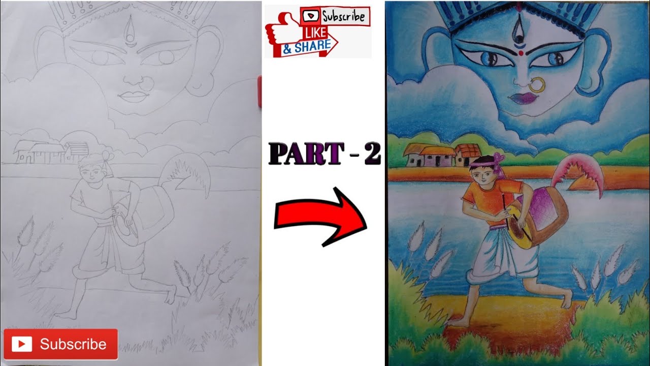 Durga puja drawing with oil pastels colours 2ND PART || Step by step ...