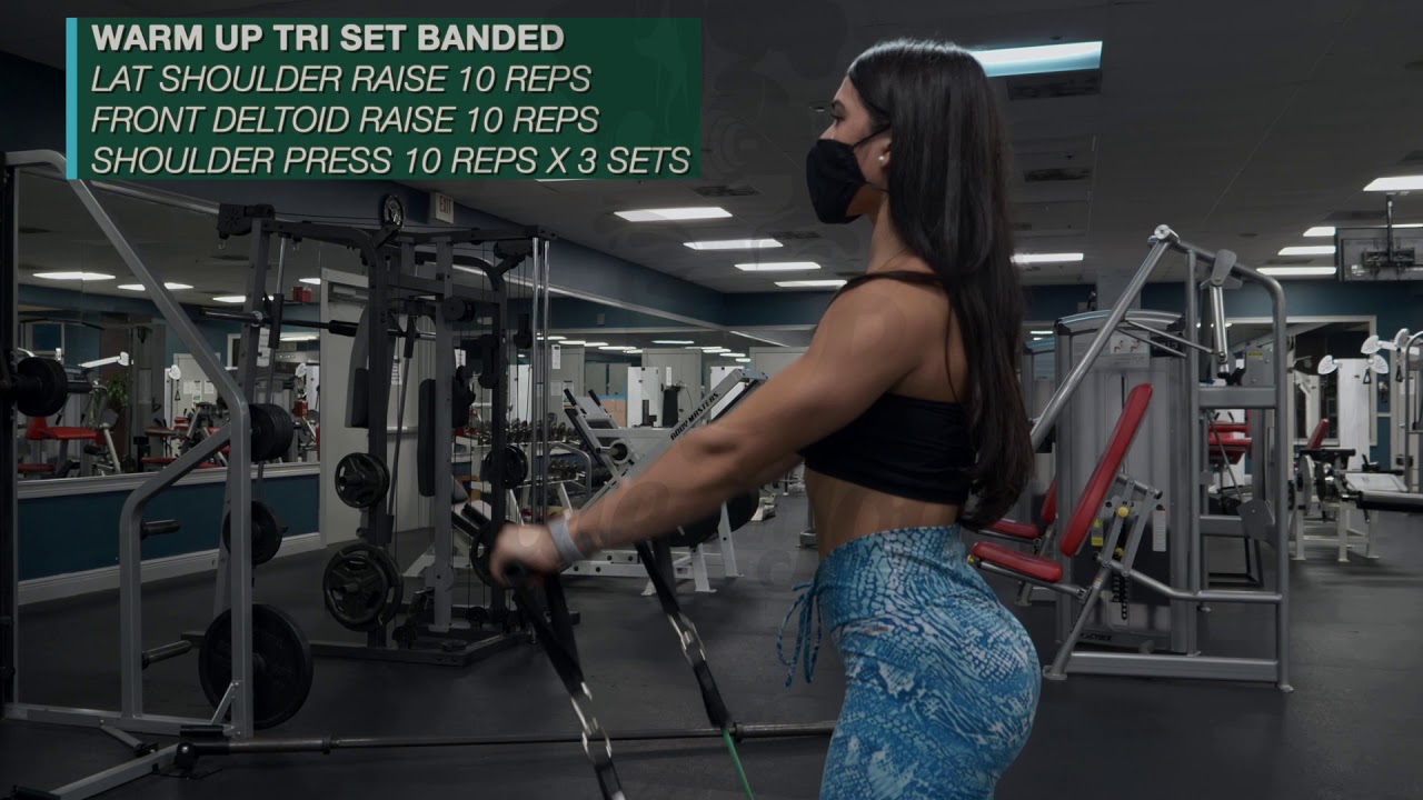 Tri-set: Banded Shoulder Raises, Front Deltoid Raise, Shoulder Press ...