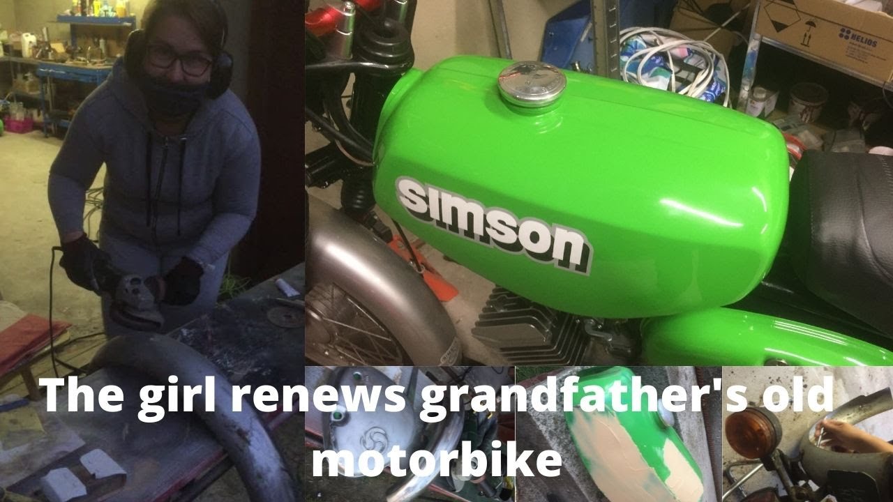 The Girl renews grandfather's old motorcycle ,abandoned in the barn ...