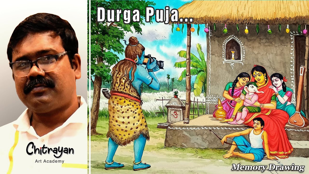 Durga Puja Drawing Watercolor| Durga Puja Scenery Drawing | Durga Puja ...