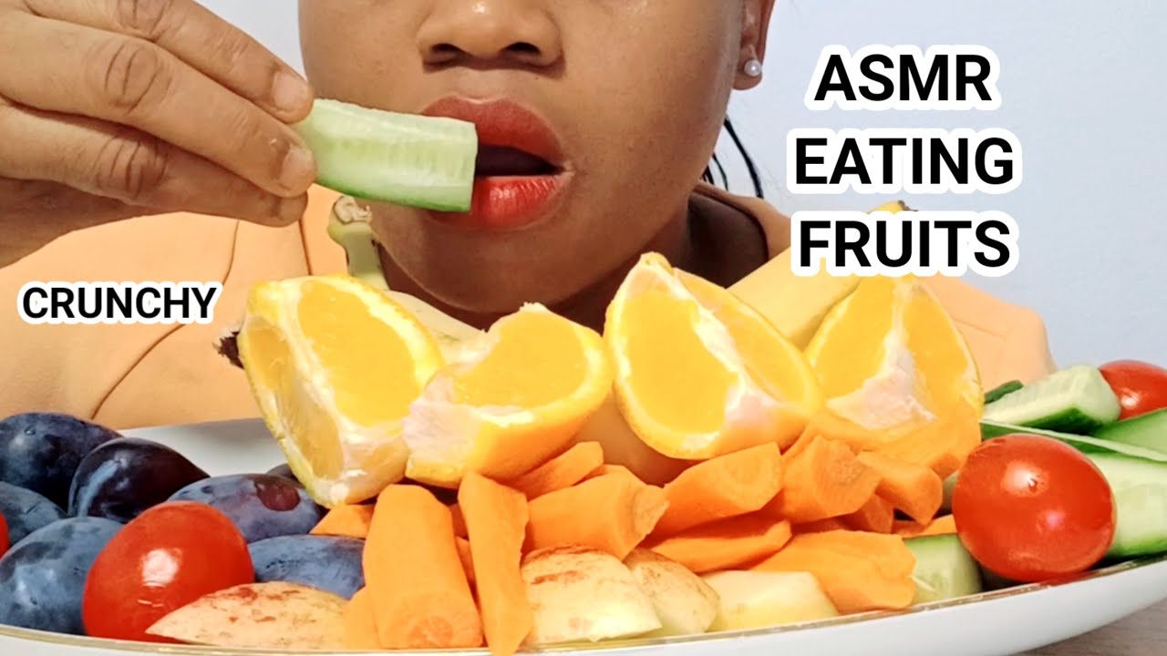 ASMR EATING FRUITS BANANA 🍌, APPLE 🍎 CUCUMBER 🥒 ORANGE 🍊 TOMATO 🍅 ...