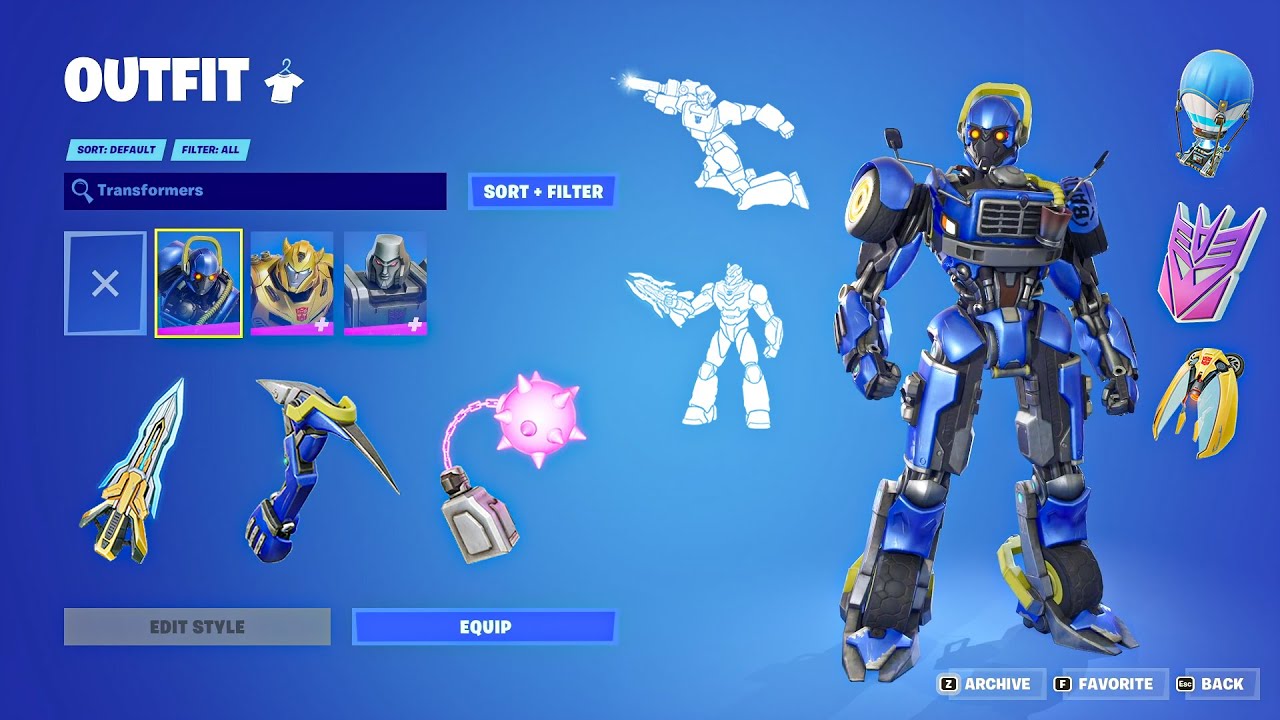 Fortnite Transformers Pack Showcase (Bumblebee, Megatron, BattleBus ...