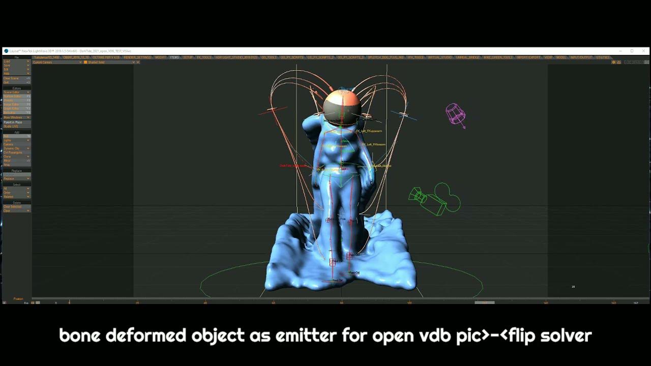 bone deformed object as emitter for open vdb pic-flip solver in LightWave - YouTube