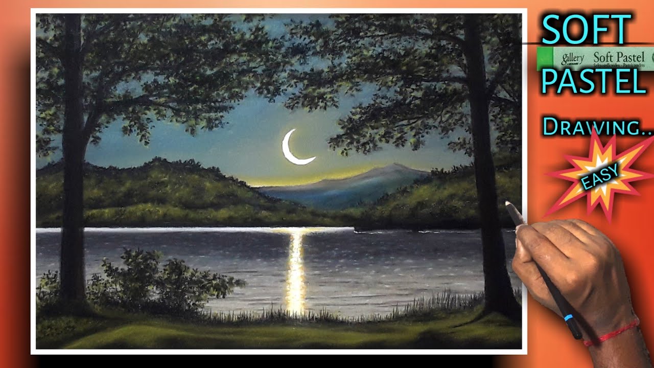 How To Draw Beautiful Lake || Moonlight Lake Painting, Night scenery ...