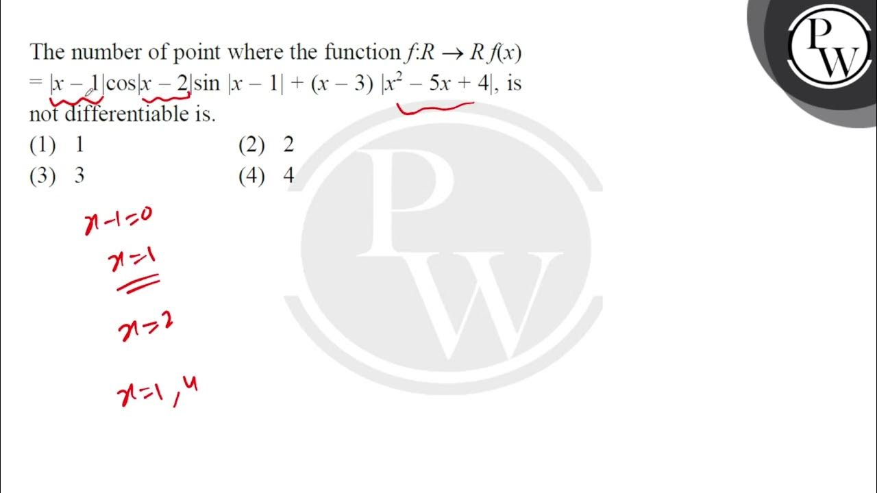 The number of point where the function \( f: R \rightarrow R f(x) \) \( =|x-1| \cos |x-2| \sin ...