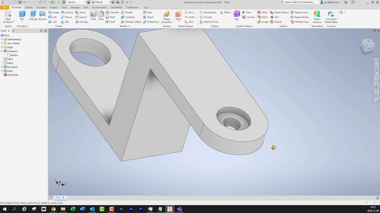 Inventor Cut Extrude Fillet Hole - YouTube