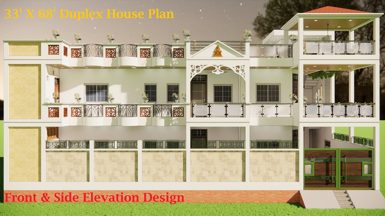 33'X 68' Duplex House Plan, Front and Side Elevation, 3D Elevation, 3D ...