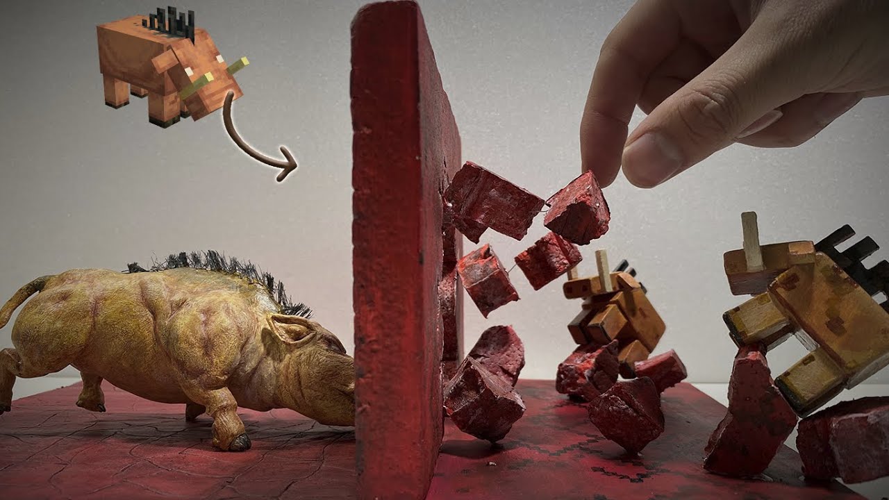 Diorama MINECRAFT hoglin realista quebrando a parede I Polymer Clay ...
